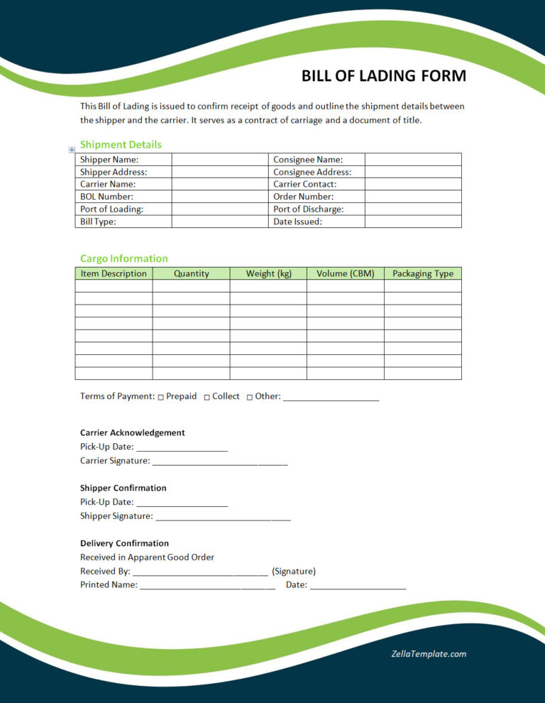 Free Bill of Lading Form Template