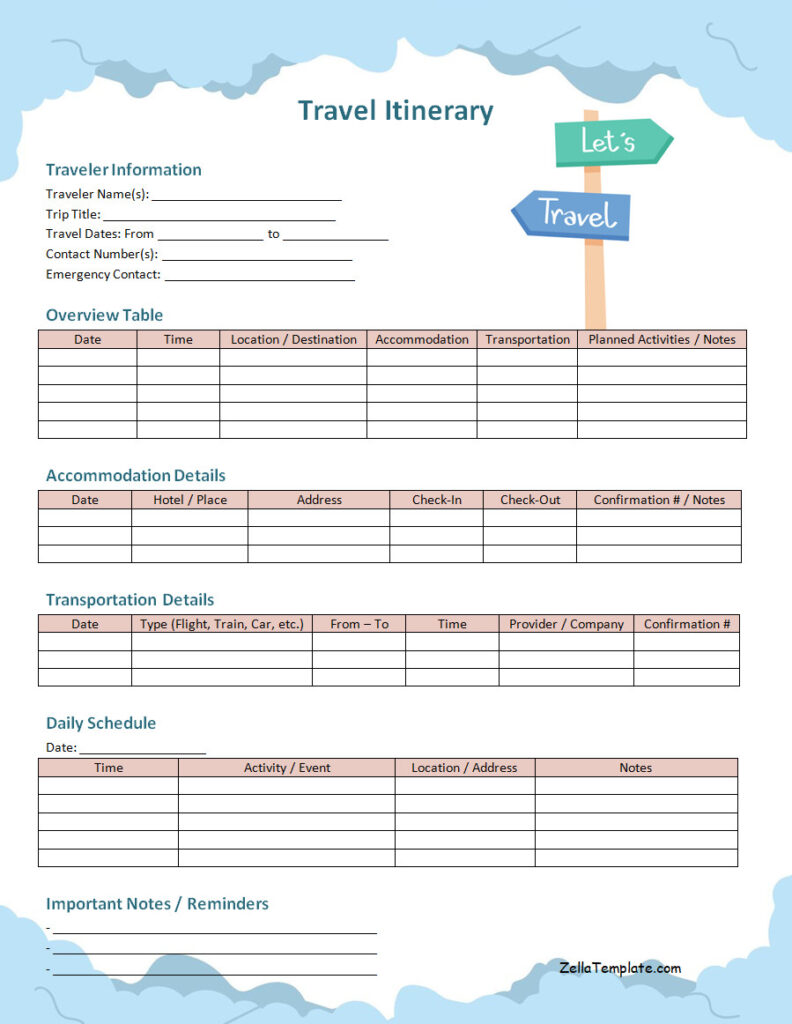 Free Printable Travel Itinerary Template