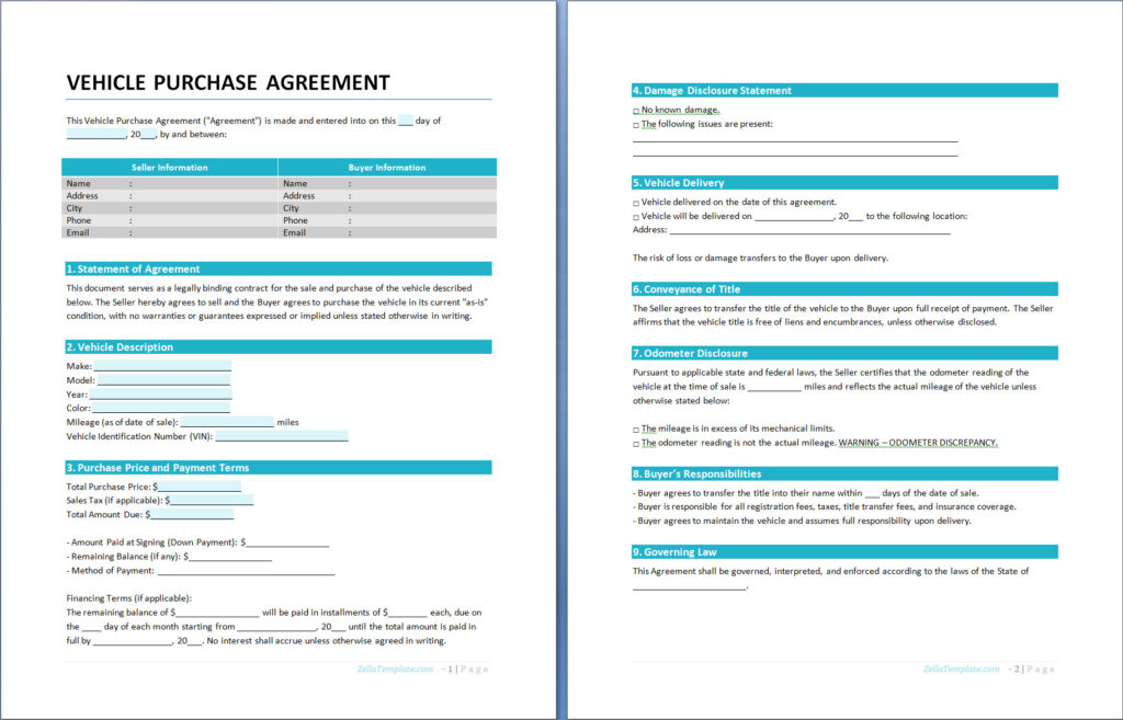 Editable Vehicle Purchase Agreement Template
