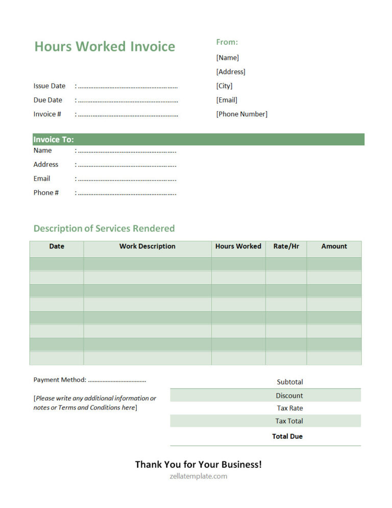 Printable Hours Worked Invoice Template