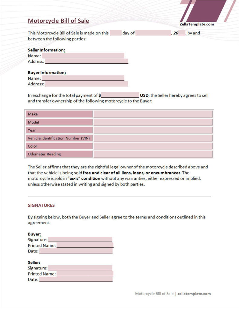 Free Printable Motorcycle Bill of Sale Template