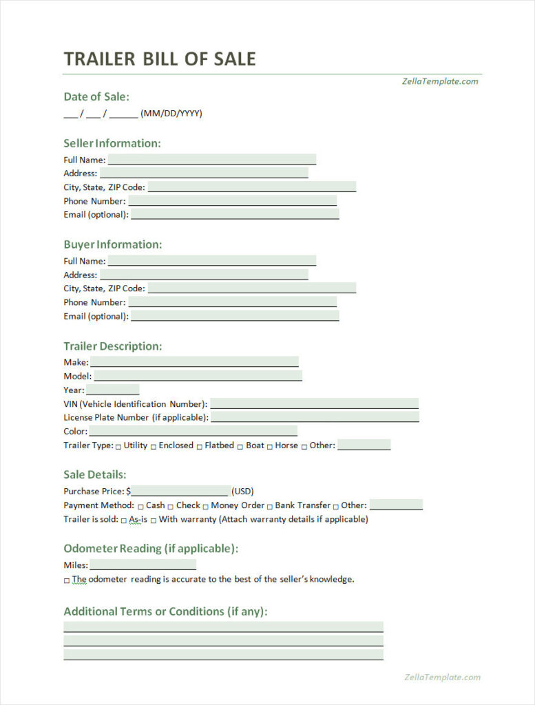 Free Printable Trailer Bill of Sale Template